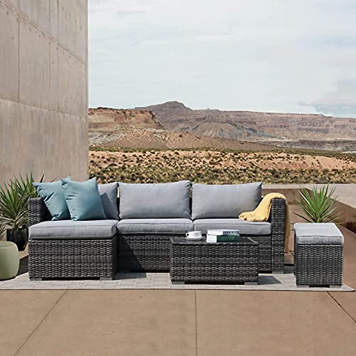 Patiorama 7 Pieces Outdoor Patio Furniture Set, Outdoor Sectional Conversation Set, All Weather Grey Wicker Rattan Sofa Set, W/Glass Table, Two Assembled Ottomans, Light Grey Cushions