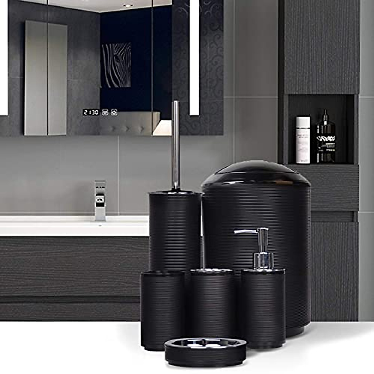CERBIOR Bathroom Accessories Set 6 Piece Bath Ensemble Includes Soap Dispenser, Toothbrush Holder, Toothbrush Cup, Soap Dish for Decorative Countertop and Housewarming Gift, Black
