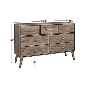 Allora Mid Century Modern Wide 7 Drawer Dresser Bedroom Dresser with 3 Small Drawers and 4 Large Drawers in Drifted Gray