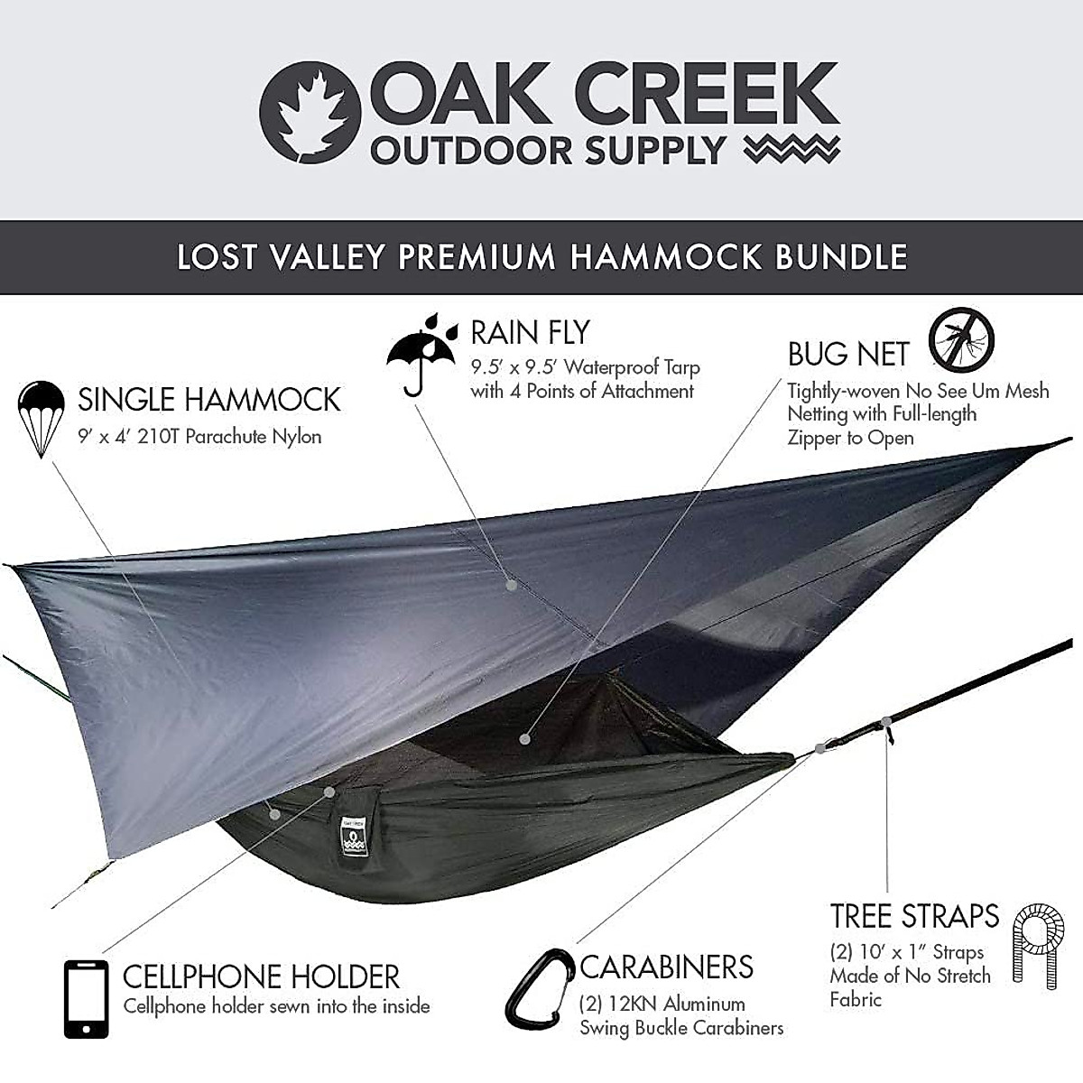 Oak Creek Camping Hammock and Accessories. Complete Package with Mosquito Bug Net, Rain Fly, Tree Straps. Great for Hiking, Backpacking, and Travel. Weighs Only 4 Pounds. Carbon Gray.