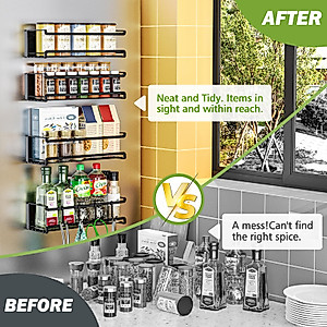 Bunoxea Magnetic Spice Rack Organizer for Refrigerator，Moveable Strong Magnetic Shelf with 4 Removable Hooks，Metal Kitchen Organizer For Space Saver (4 Pack Black)