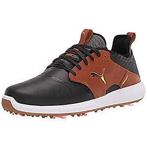 Puma Men's Ignite Pwradapt Caged Crafted Golf Shoe, Puma Black-Leather Brown-Puma Team Gold, 9