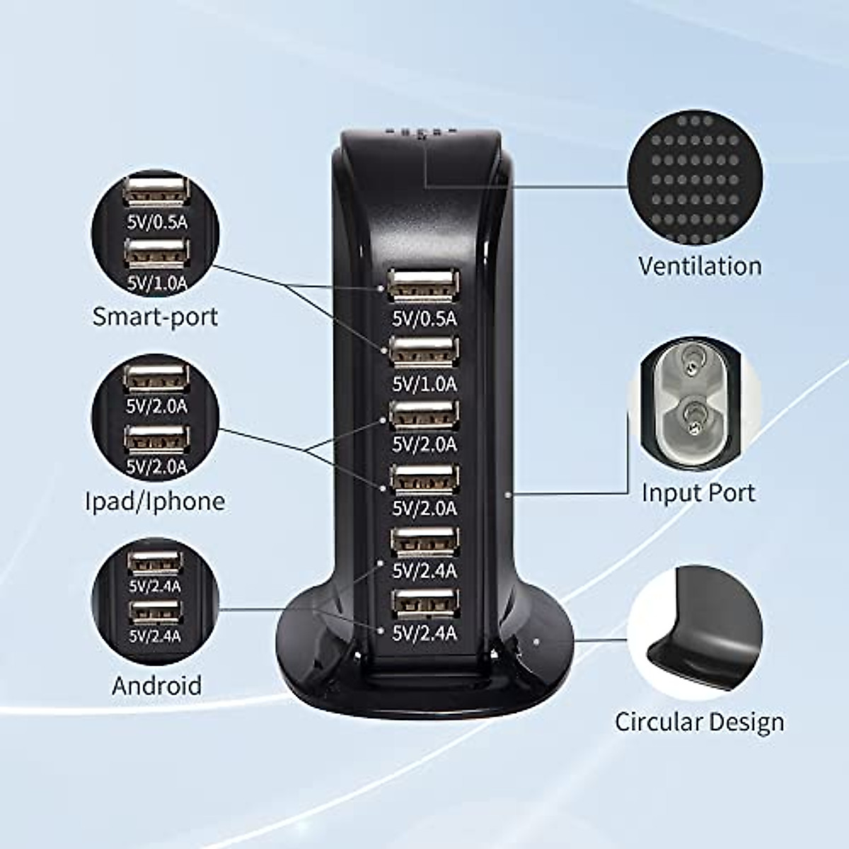 Wyssay 10A(50W) 6-Port Independent Desktop USB Charging Station,Multi USB Fast Charger Compatible with iPhone 13/13pro Max 12/12 Mini/12Pro/12 Pro Max/11/11 Pro iPad AirPod,Tablets（Black）