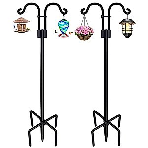 STAUKOK Double Shepherds Hooks for Outdoor, 2 Pack 76 Inch Bird Feeder Pole with 5 Prongs Base, Heavy Duty Garden Hook for Hanging Plant, Lantern, Hummingbird Feeder, 76 Inch