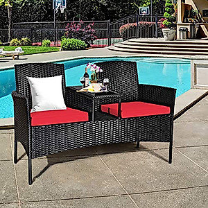 Tangkula Wicker Patio Conversation Furniture Set, Outdoor Furniture Set with Removable Cushions & Table, Tempered Glass Top, Modern Rattan Bench for Garden Lawn Backyard (Red)