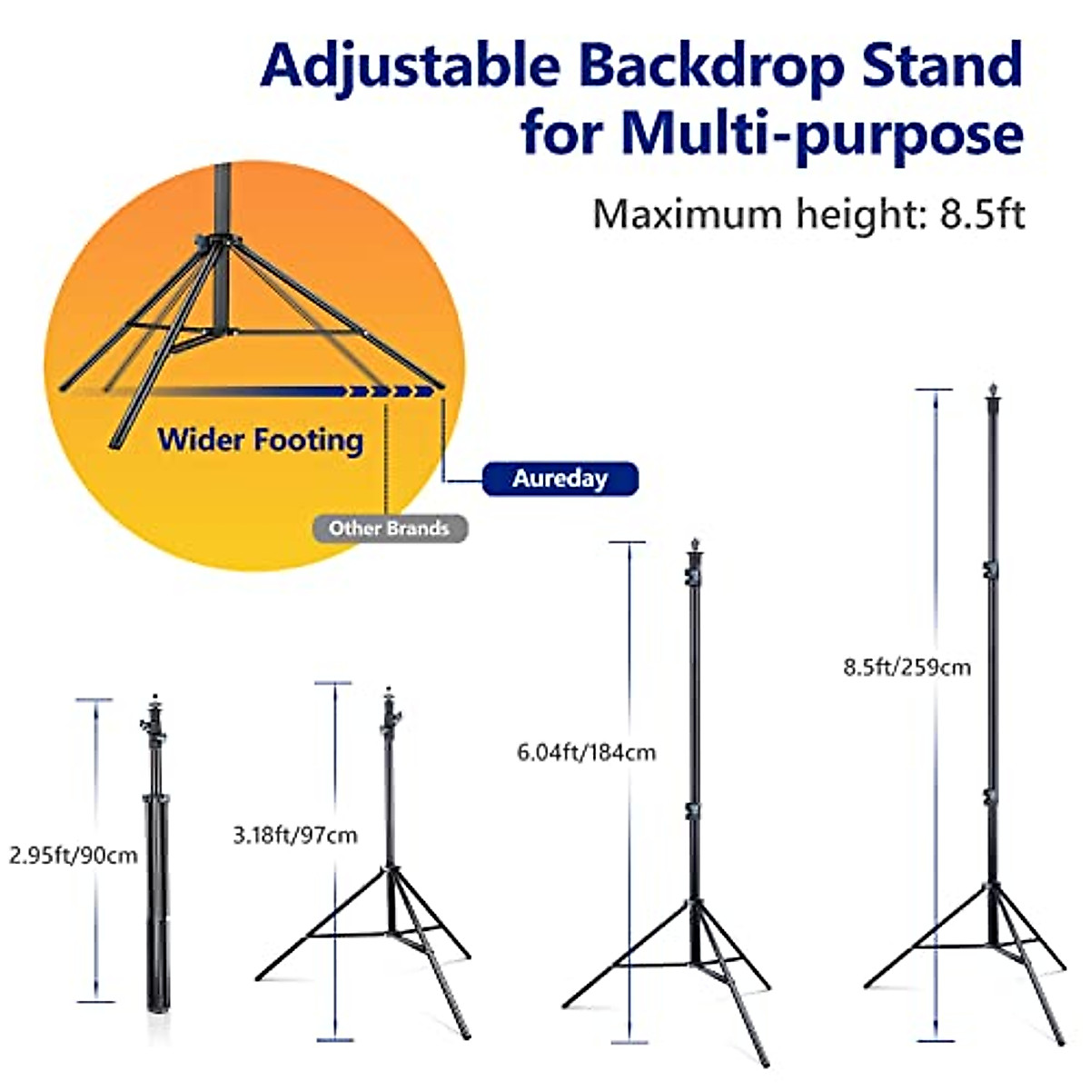 Aureday Backdrop Stand, 8.5x10ft Adjustable Photo Backdrop Stand for Parties, Heavy Duty Background Stand with Travel Bag, 6 Backdrop Clamps, 4 Crossbars, 2 Sandbags for Wedding/Decorations/Photoshoot