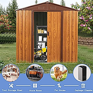 Royard Oaktree 6x5 FT Outdoor Storage Shed Woodgrain Metal Garden Shed w/Air Vent & Sliding Door Waterproof Patio Tools Shed Storage House for Backyard Lawn