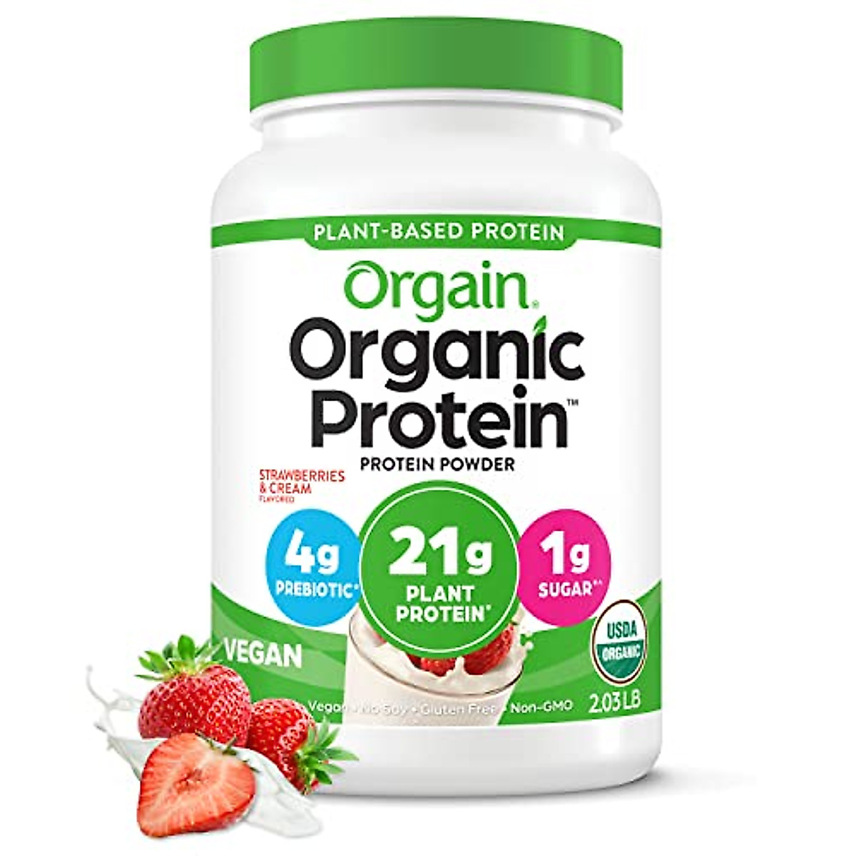 Orgain Organic Vegan Protein Powder, Strawberries & Cream - 21g of Plant Based Protein, Low Net Carbs, Gluten/ Lactose Free, No Sugar Added, Soy Free, Non-GMO, 2.03 Lb