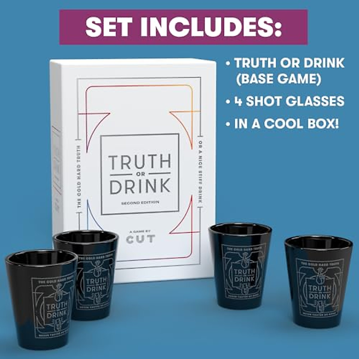 Truth or Drink – Shot Glasses Edition by Cut – Reveal Secrets in Style with Hilarious and Personal Questions, Perfect Adult Game for Party Night (Includes 4 Shot Glasses, 400+ Conversation Starters)