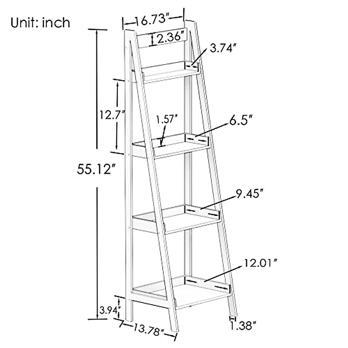 RDLCAR Ladder Shelf Bookshelf,4-Tier Bookcase,55 Inch Tall Industrial Wood Storage Rack, Arched Open Shelves for Home Office, Living Room, Bedroom, Kitchen