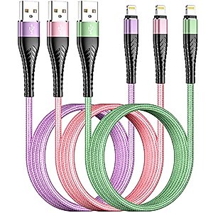 3Colored iPhone Lightning Cable 6FT 3Packs Premium USB Charging Cord, Apple MFi Certified for iPhone Charger, iPhone 13/12/11/SE/Xs/XS Max/XR/X/8 Plus/7/6 Plus Pro Air2(Purple/Green/Pink)