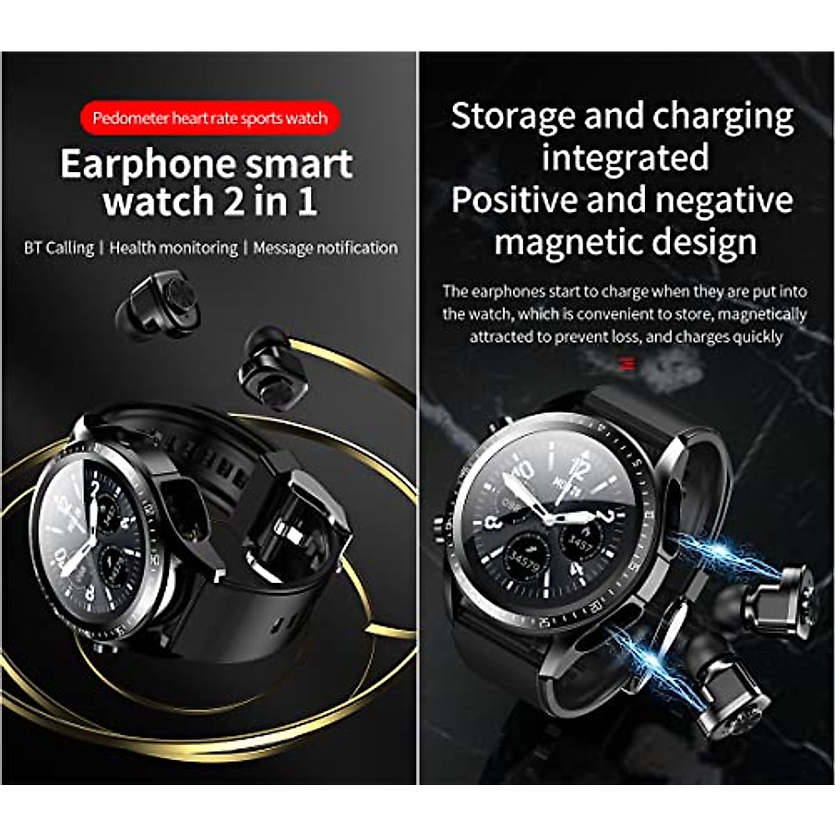 YOKKBRUN Smart Watch Built-in Bluetooth Earbuds Combo,2 in 1, Noise Cancelling, Heart Rate Monitor, Sleeping Monitor, Music Control, Various dials, Round Fitness Tracker Watch