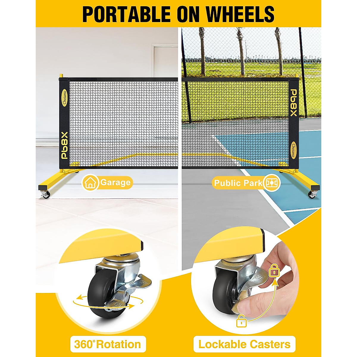Choiana Pickleball Net with Wheels, Pickle Ball Net Portable Outdoor with 22ft Regulation Size Net, Court Markers, Durable Frame PE Knited Pickleball Practice Net System for Backyard Driveway