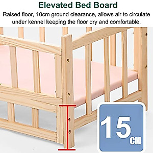 HYDT Double-Layer Wooden Pet Dog Bed with Bedding, All Seasons Elevated Pet Cot with Stairs & Guardrail, for Small Medium Dogs Cats