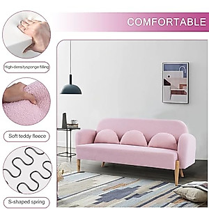 PIETFIU (New) 59" Teddy Velvet Loveseat Sofa,Modern Small Sofa Couch with Arms,Mini Love Seat Recliner with 3 Pillows for Bedroom Living Room Small Space Apartment Home Office Dorm (Pink)