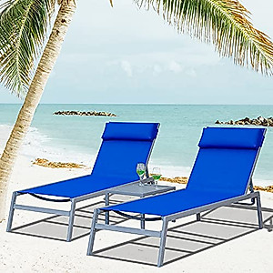 domi outdoor living Patio Chaise Lounge Set (2022 New) -3 Pieces Adjustable Backrest Pool Lounge Chairs Steel Textilene Sunbathing Recliner with Headrest (Blue)
