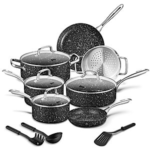 HLAFRG Cookware Set with Premium Non-Stick Coating, Pots and Pans with Stainless steel Handles, Oven Safe and Induction Compatible, 14 Piece Set, Black Granite