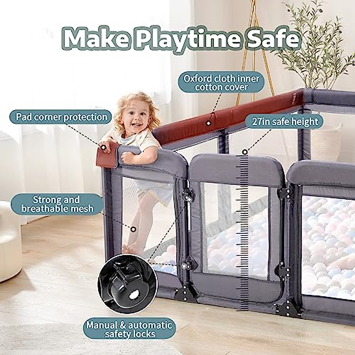 Sweeby Baby Playpen, 79x71 Playpens for Babies and Toddlers with Gate, Large Baby Play Yards with Zipper Door, Indoor & Outdoor Baby Fence, Dark Grey