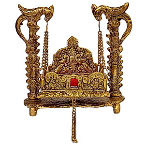Purpledip Metal Jhula Swing with Velvet Seat: Gold Throne Chowki Aasan Platform for God Idols Like Baby Krishna (12683)
