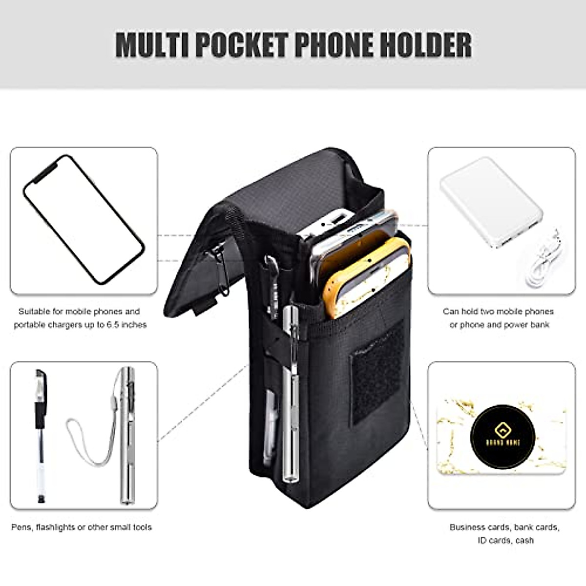 KATOLK Dual Phone Holster,Belt Pouch, Large Smartphone Pouch Cell Holder, Multi-Purpose Tactical Case, Holder for Work, Hiking, Camping, Barbecue, Rescue (Black)