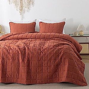 Burnt Orange Quilt California Cal King Size Bedding Sets with Pillow Shams, Oversized Red Lightweight Soft Bedspread Coverlet, Quilted Blanket Thin Comforter Bed Cover, 3 Pieces, 118x106 inches