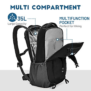 PORTAL 35L Waterproof Hiking Backpack, Lightweight Backpack for Camping Outdoor Sports Travel Daypack Black