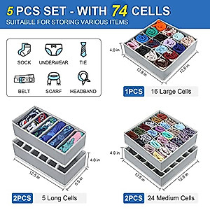 5 Pack Sock Underwear Organizer Drawer Dividers, Foldable Fabric Dresser Closet Organizers Box, Bedroom Cabinet Organization and Storage Bins for Baby Clothes, Undies, Handkerchiefs, Scarf, Ties, Belt