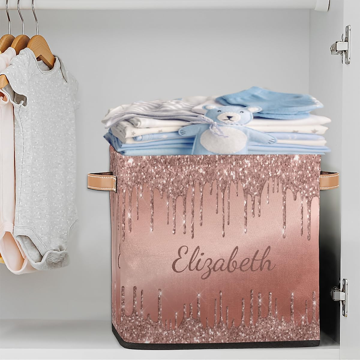 RIRIX Personalized Storage Bin, Custom Storage Baskets for Organizing with Handles, Foldable Storage Box for Closet Cloth Baskes Toy Rose Gold Dripping Glitter
