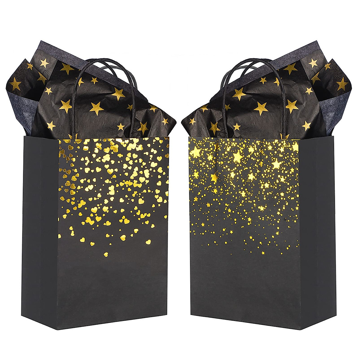 Sharlity Small Black Gold Gift Bags 24pcs Party Paper Bags with Star Tissue Paper for New Year, Birthday, Wedding, Bridal, Baby Shower, Black and Gold Party Supplies (8.3 x 5.9 x 3.1inch)