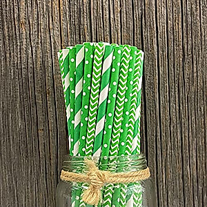 Green and White Paper Straws - Stripe Chevron Polka Dot - Birthday Christmas St Patrick's Day Supply - 100 Pack Outside the Box Papers