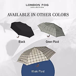 London Fog Rain Umbrella, Automatic Folding Umbrella, Windproof, Lightweight and Packable for Travel, Full 44 Inch Arc, Khaki Plaid