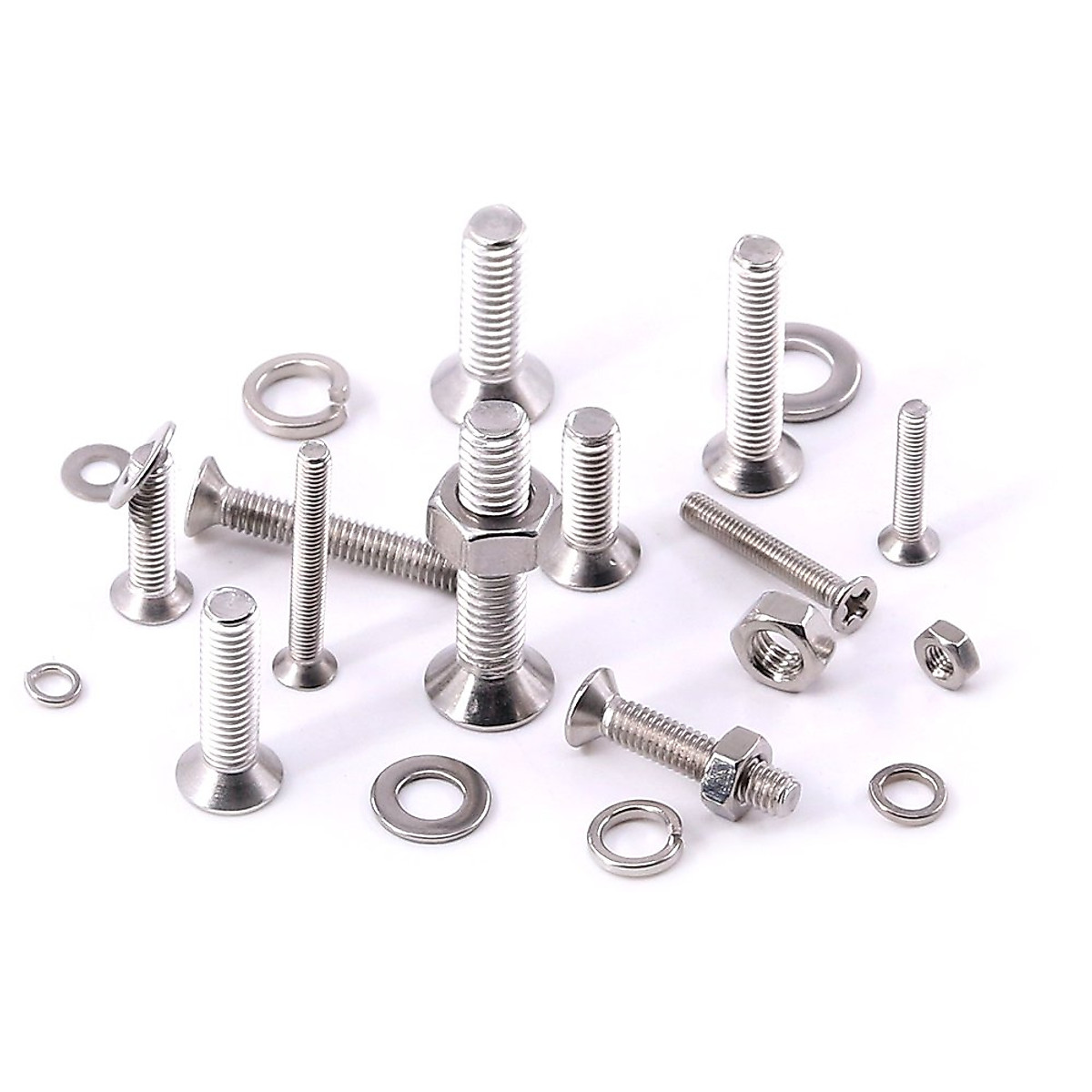 Glarks 665Pcs 304 Stainless Steel M3 M4 M5 M6 Phillips Flat Head Machine Screws Bolts Nuts and Flat Gasket Spring Washers Assortment Set, Full Thread