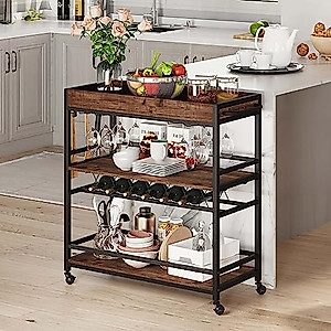 BON AUGURE Bar Cart for The Home, Rolling Home Bar Serving Cart on Wheels, 3 Tier Liquor Beverage Cart for Home Bar with Wine Rack and Glass Holder, Rustic Oak