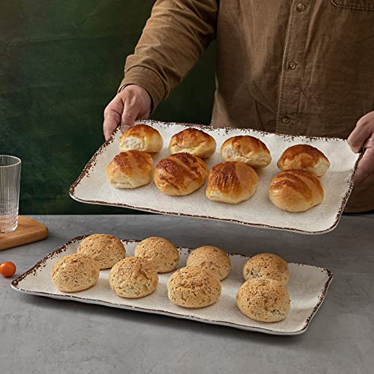 LEHAHA Farmhouse Large Serving Platters, 2 Piece Melamine Dinnerware Set, 17.5 x 10 Inches Vintage Serving Tray, Rectangle White Rustic Trays Set of 2