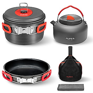 Alocs Camping Cookware, Alumina Camping Cooking Set with Camping Kettle, Lightweight Portable Camping Gear, Non-Stick Camping Pan Included Storage Carry Bag for Outdoor Backpacking Hiking and Picnic