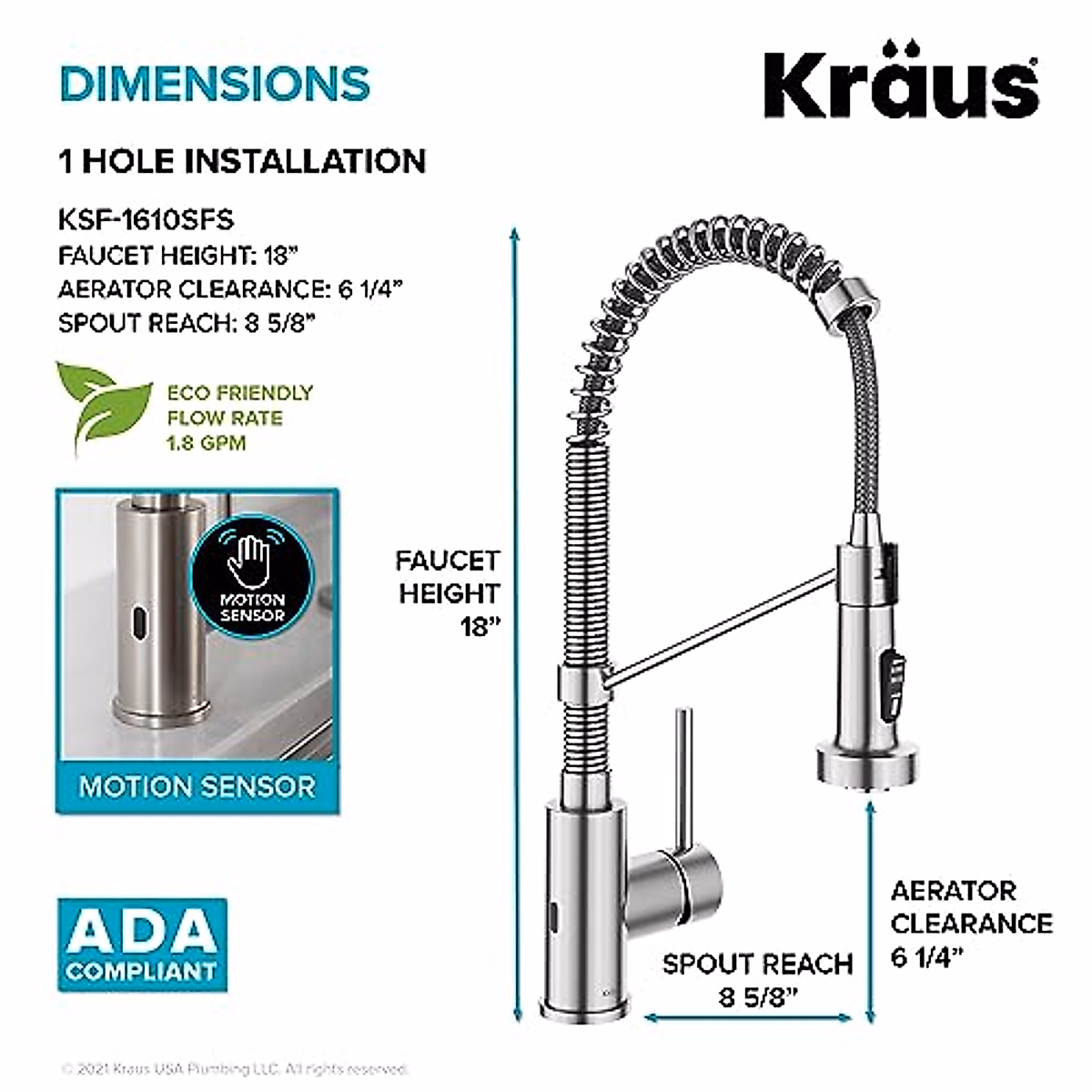 Kraus KSF-1610SFS Bolden Touchless Sensor Commercial Pull-Down Single Handle 18-Inch Kitchen Faucet, Spot Free Stainless Steel