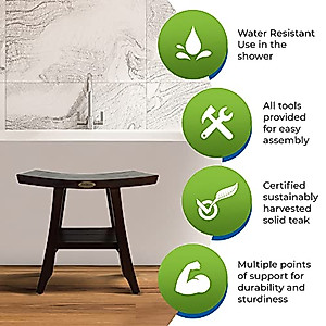 FULLY ASSEMBLED- Satori 18" Eastern Styled Solid Teak Shower Bench WITH SHELF- ADJUSTABLE HEIGHT FOOT PADS