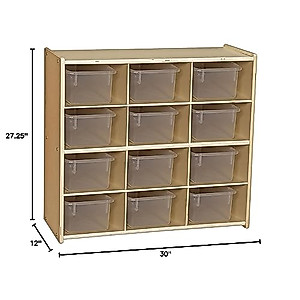 Contender 12-Cubby Storage Unit with Clear Tubs, 12 Compartment Storage Organizer with Daycare Shelves for Kids, Hardwood Cubby Organizer for Classroom, Cube Locker Shelf for Organizing Toys