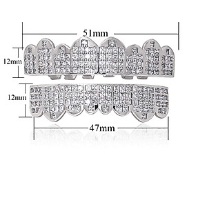 Psivika Diamond Grills Gold Plated Shiny Hip Hop Teeth Grillz Caps Iced Out CZ Top and Bottom Vampire Fangs Grillz for Men and Women (Silver)