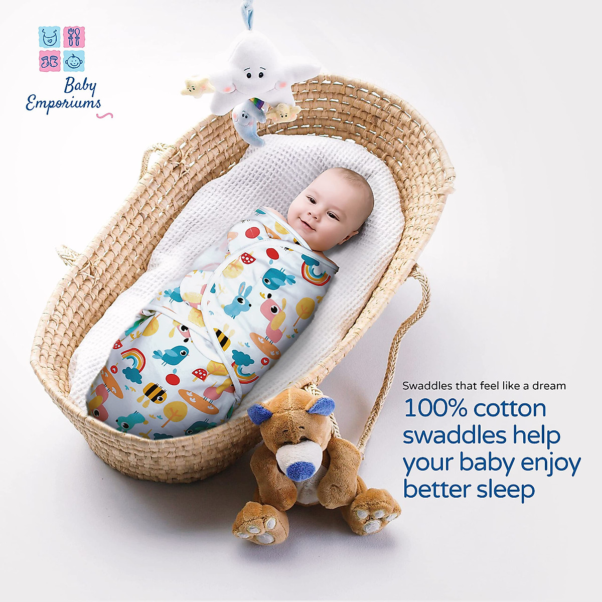 BABY EMPORIUMS swaddles for Newborn | Adjustable Swaddle 0-3 Month 7-14 lbs. | Unisex Soft with Plush and Warm Pack of 3 Wraps Delightful Appealing Designs