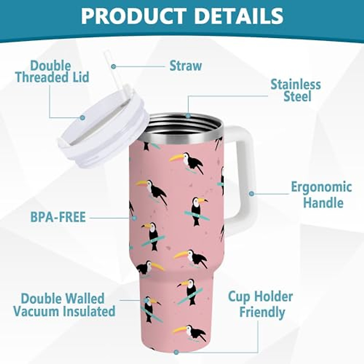 ARGTILDN 40 oz Tumbler Tropical Toucans Birds Insulated Travel Mug with Handle and Straw Lid Stainless Steel Vacuum Coffee Cup Tea Beverage Container Water Bottles for Car Sports office