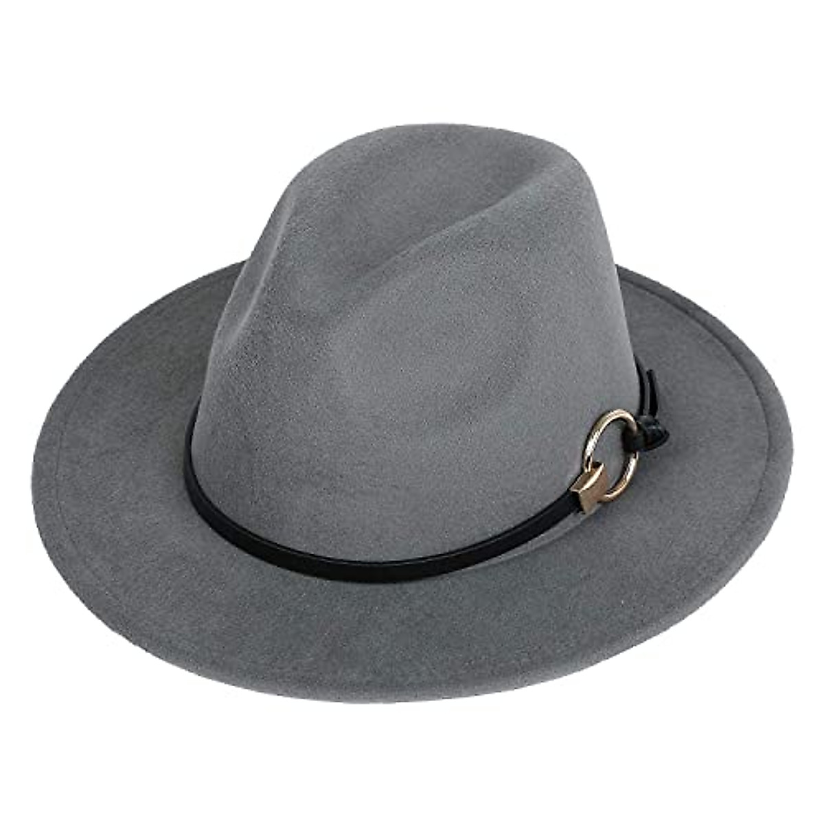 DT DANTIYA Women's Vintage Wide Brim Felt Fedora Hat Wide Brim Panama Hats with Belt Metal Buckle Light Grey