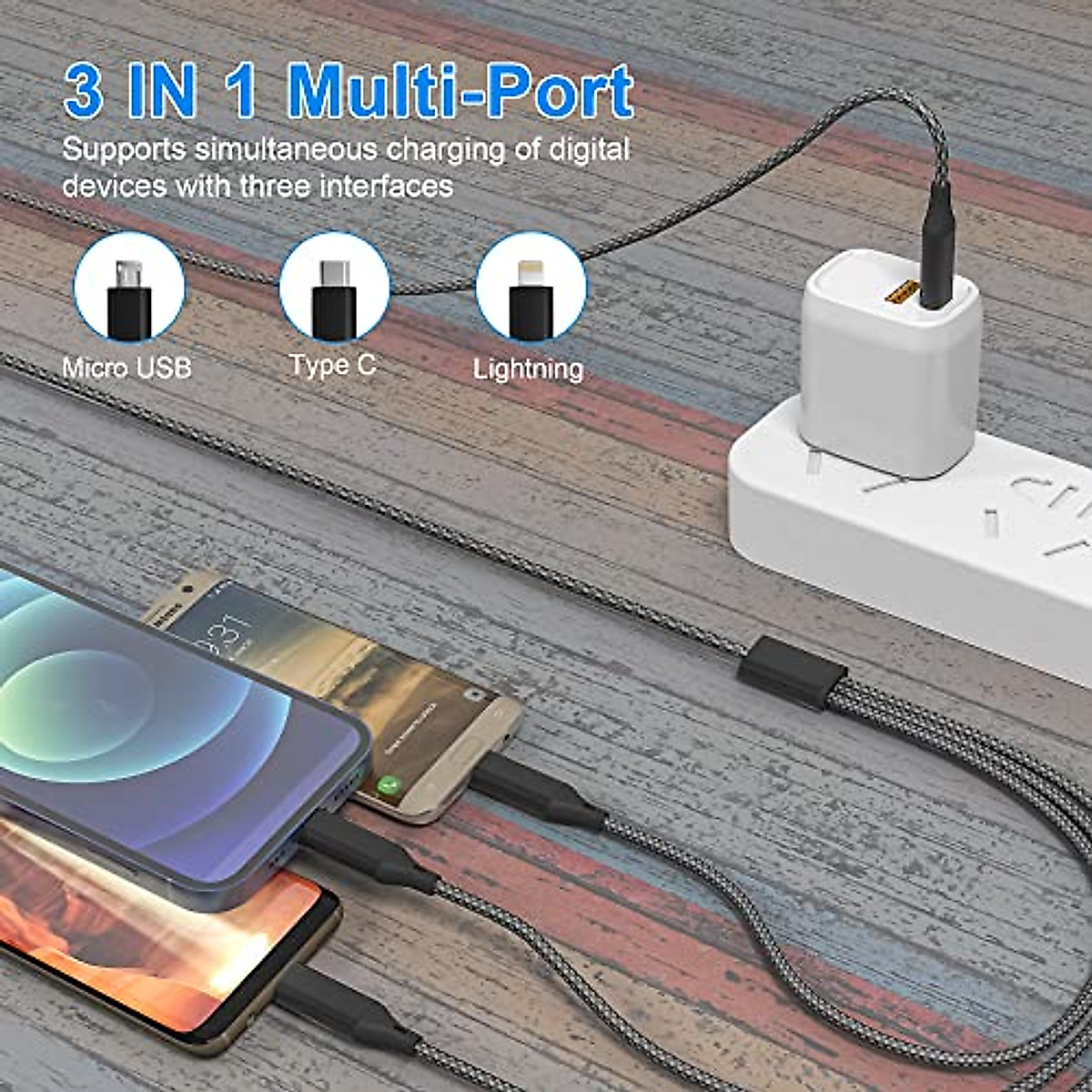 USB C to Multi 3 in 1 USB Long Charger Cable, 2M/6Ft Fast Braided Charging Cord, Universal Multiple Ports Long Charging Cable with USB C/Micro USB/Lightning Connector for iPhones Android