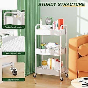 LEHOM 3 Tier Rolling Utility Cart, Metal Trolley Cart with Wheels, Hooks, Easy Assembly Organizer Storage Cart for Bathroom, Kitchen, Office, Bedroom(White)