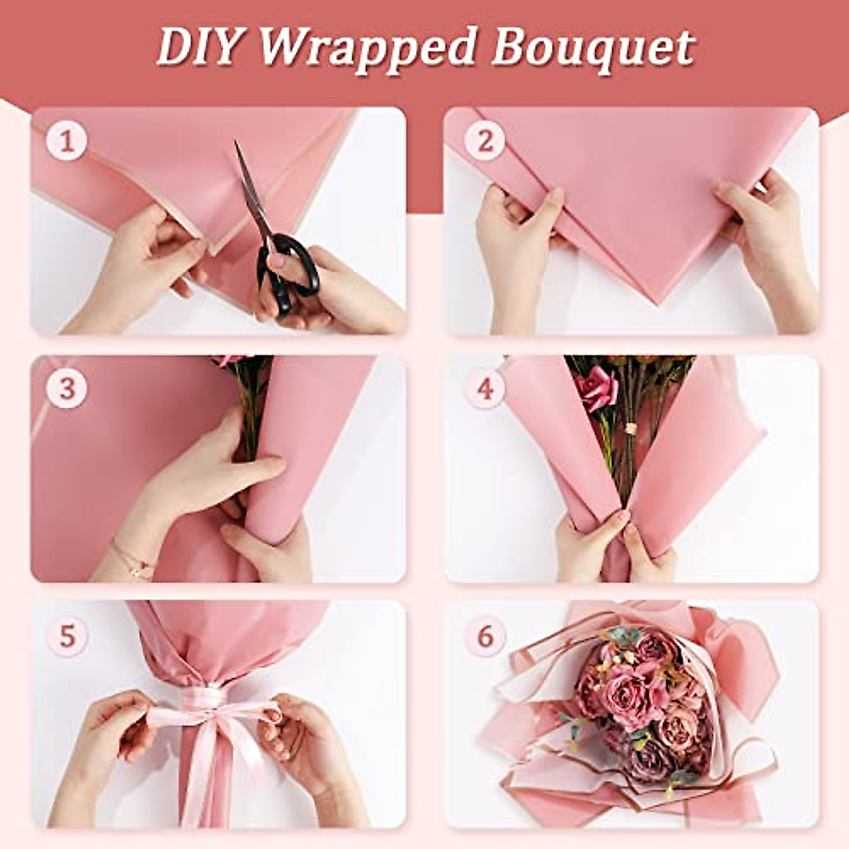 Whaline 30 Sheet Floral Wrapping Paper Folded Flat Pink Black White Waterproof Flowers Bouquet Packaging Paper with Rose Gold Border Double Sided Florist Packaging Paper for Wedding Birthday Flower Shop DIY Craft