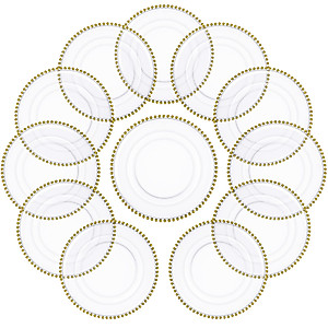 Eaasty 24 Pack 12.6'' Gold Beaded Charger Plates Dinner Plates Chargers Clear Acrylic Round Plates Bulk with Gold Beaded Trim Plastic Chargers Table Decoration for Wedding Birthday Event Party