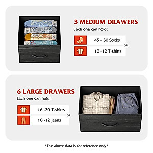 WLIVE 9-Drawer Dresser, Fabric Storage Tower for Bedroom, Hallway, Nursery, Closet, Tall Chest Organizer Unit with Fabric Bins, Steel Frame, Wood Top, Easy Pull Handle, Charcoal Black Wood Grain Print