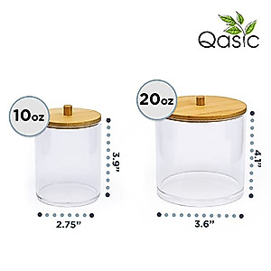 Qasic Crystal Acrylic Apothecary Jars with Lids. 4pc Set 20oz and 10oz Bathroom Organization Containers. Cotton Ball Holder, Cotton Swab Qtip Holder, Hair Accessories, Bath Salt, Decor or Candy Jar!