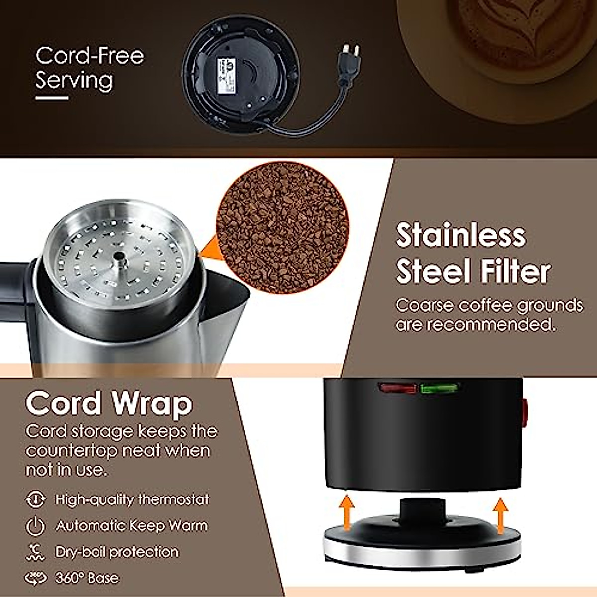 HOMOKUS Electric Coffee Percolator 12 CUPS Percolator Coffee Pot, 800W Percolator Coffee Maker Stainless Steel with Clear Knob Cool-touch Handle, Silver Coffee Pot Percolator Auto Keep Warm Function
