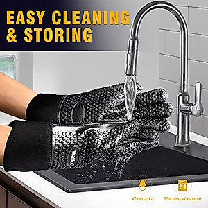 Walfos Grilling Gloves - Heat Resistant Silicone Oven Mitt, Premium Non-Slip Silicone Internal Protective Cotton Layer, Waterproof, Great for Grilling, Kitchen and Cooking (Black)…
